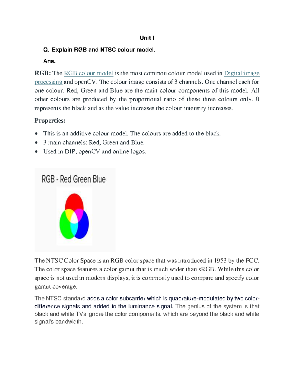 Ip Question Solve - Unit I Q. Explain RGB and NTSC colour model. Ans ...