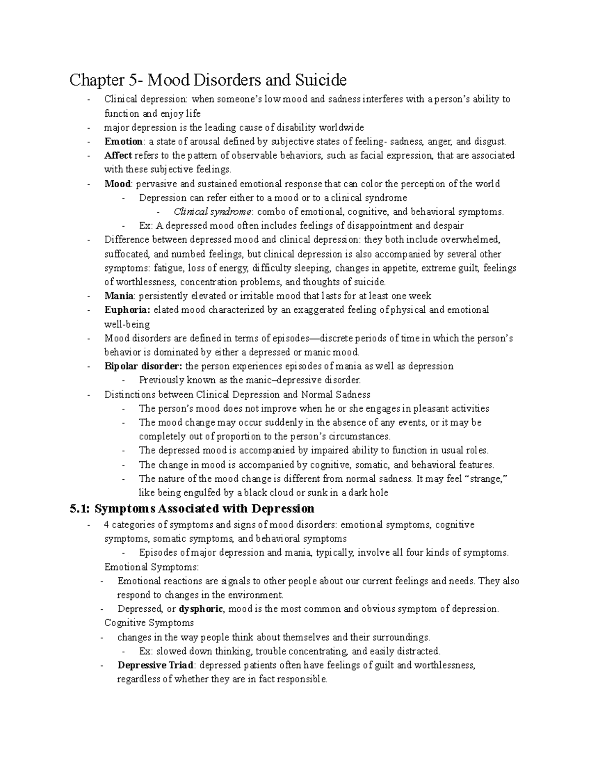 Test 2 Abnormal Psych Notes - Chapter 5- Mood Disorders and Suicide ...