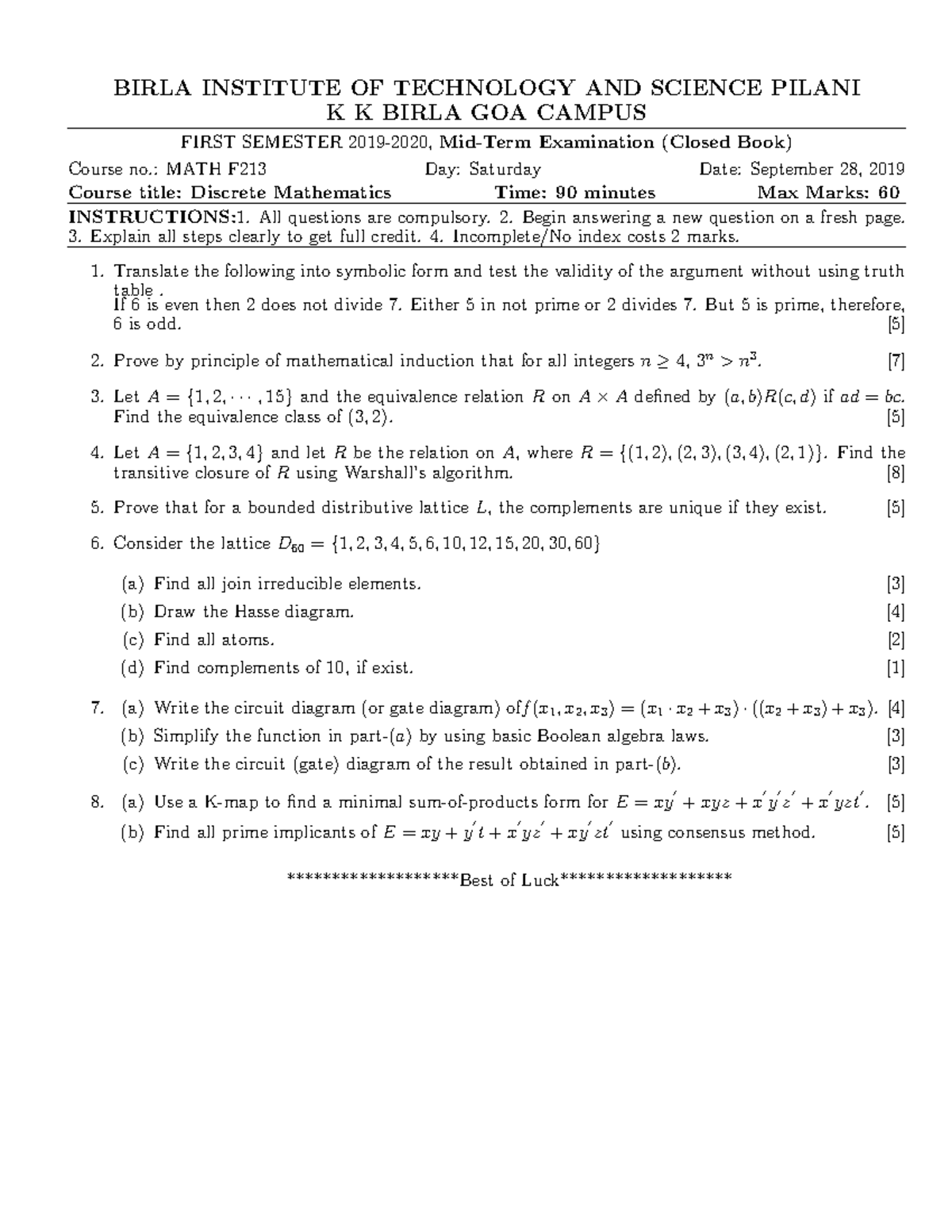 MATH F213 Mid Sem Q - Comprehensive paper - BIRLA INSTITUTE OF TECHNOLOGY AND SCIENCE PILANI K K ...
