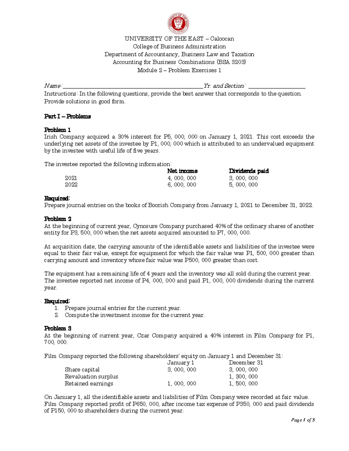 Problems - ACCOUNTING - UNIVERSITY OF THE EAST – Caloocan College of ...