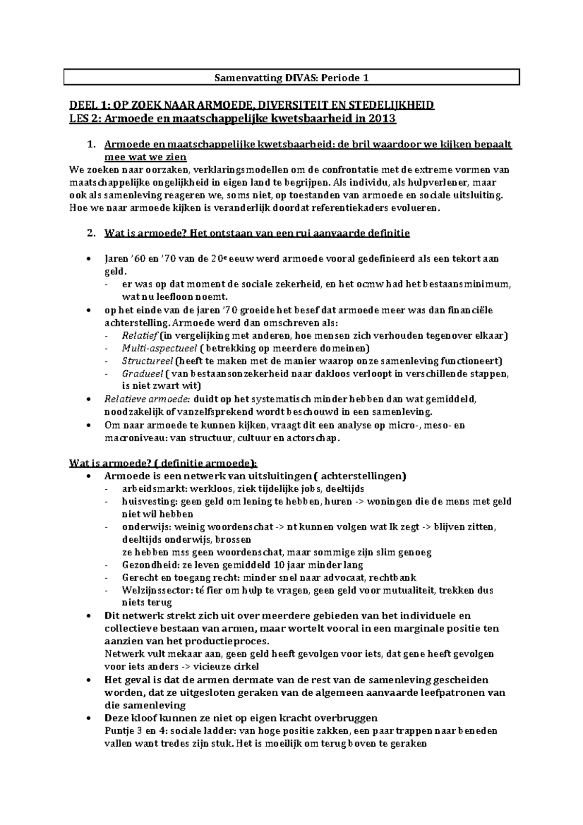 Samenvatting Divas - Samenvatting DIVAS: Periode 1 DEEL 1: OP ZOEK NAAR ARMOEDE, DIVERSITEIT EN ...