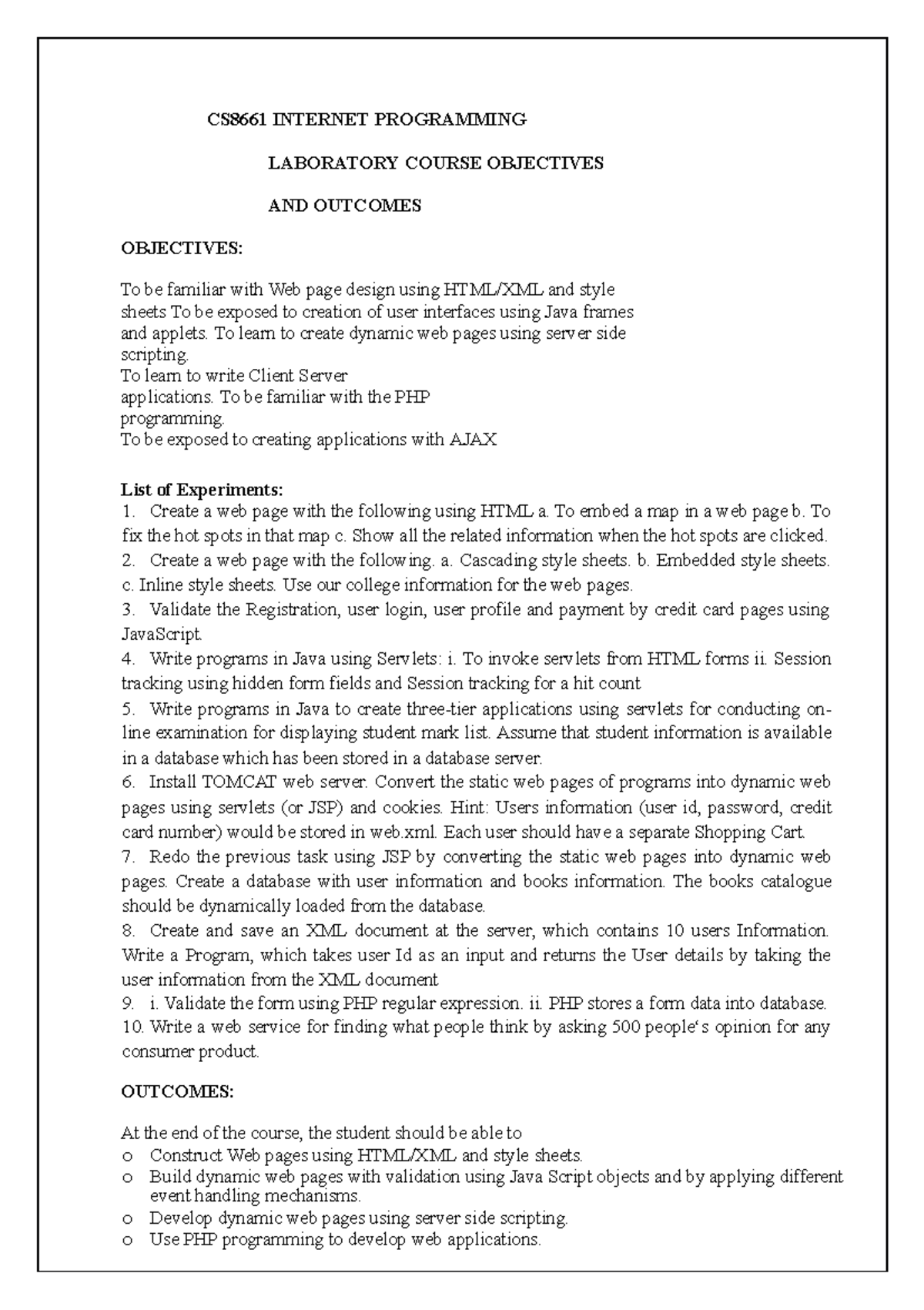Ip Lab Manual Cs8661 Internet Programming Laboratory Course Objectives And Outcomes Objectives