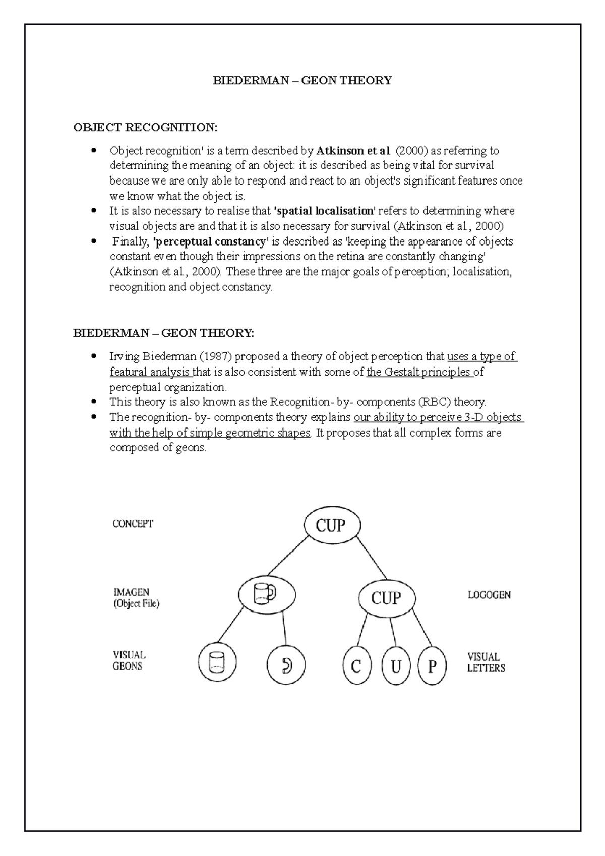 Cognitive Module 3 UNIT 2 - BIEDERMAN – GEON THEORY OBJECT RECOGNITION: Object recognition' is a ...