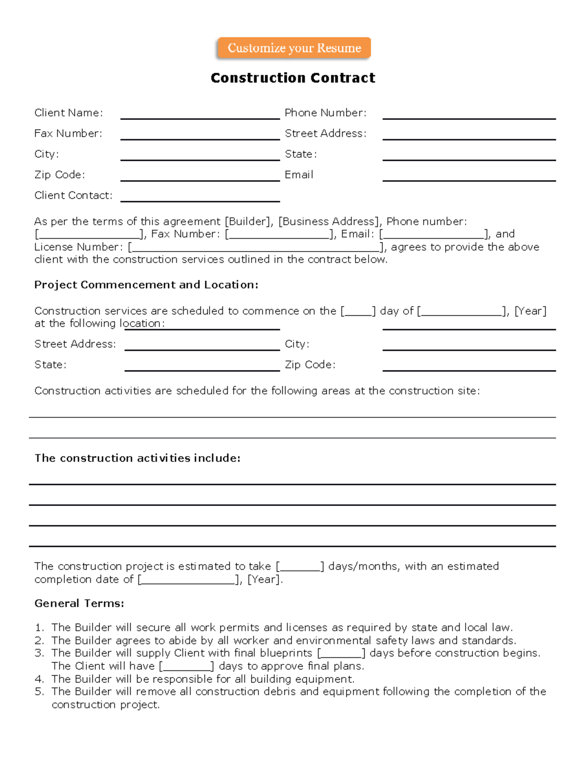 Construction-Contract - Construction Contract Client Name: Phone Number ...