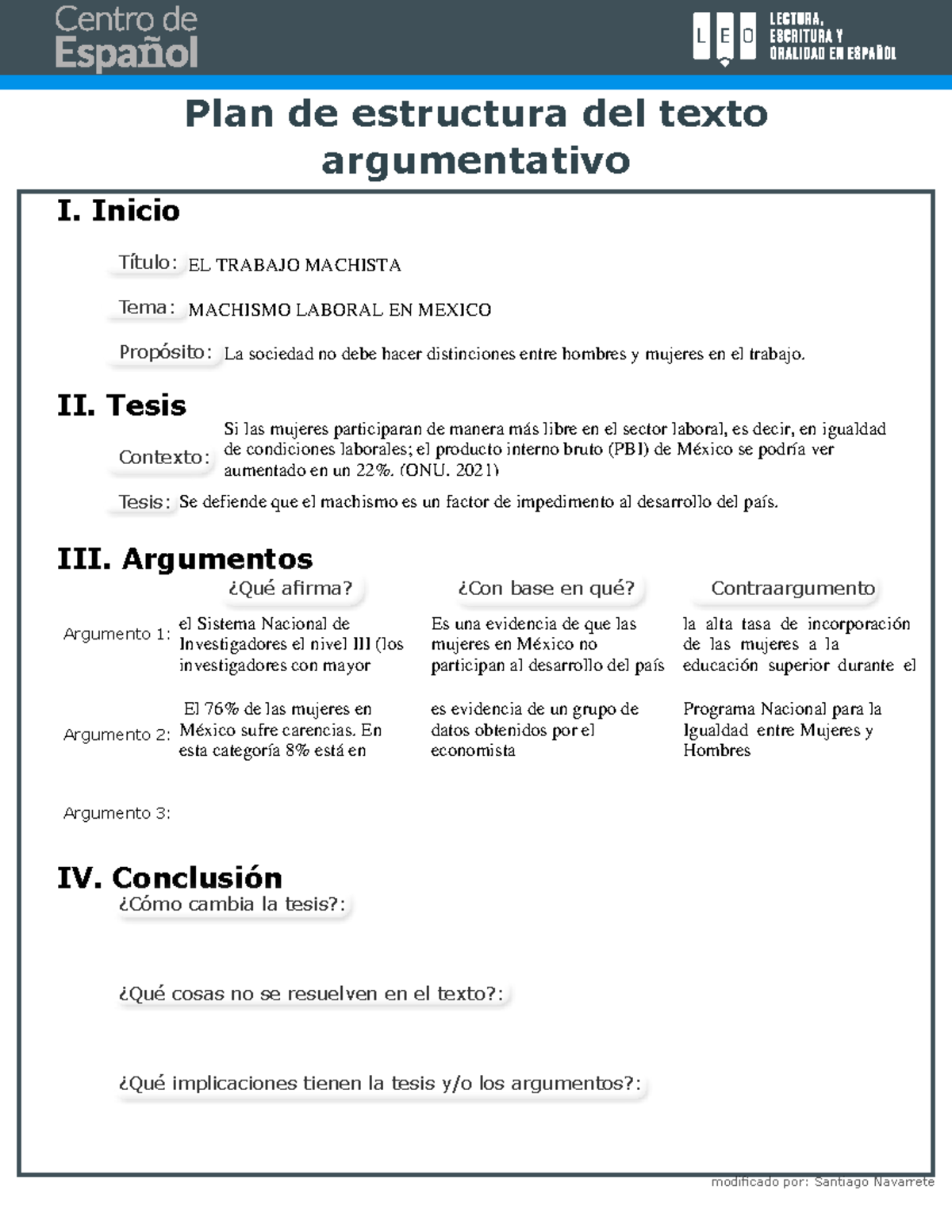 17. PLAN DE Estructura DEL Texto Argumentativo - I. Inicio Título: Tema ...