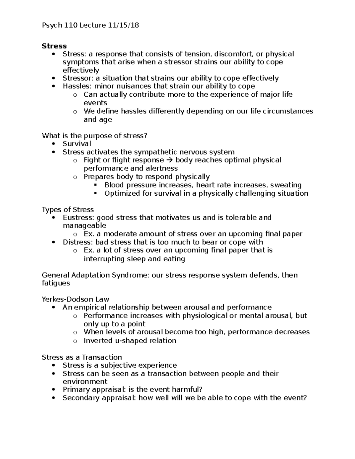 Psych 110 Lecture 11-15-18 - Psych 110 Lecture Stress Stress: a ...