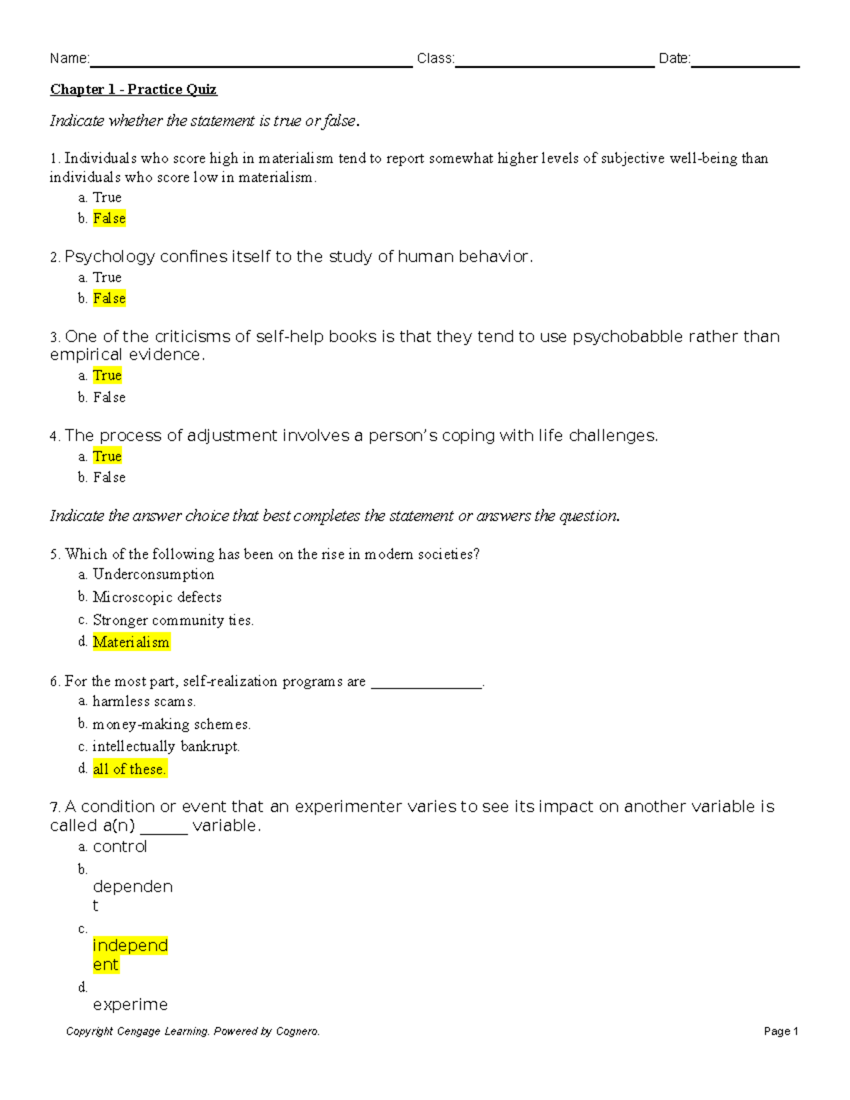 Chapter 1 practice quiz - Chapter 1 - Practice Quiz Indicate whether ...