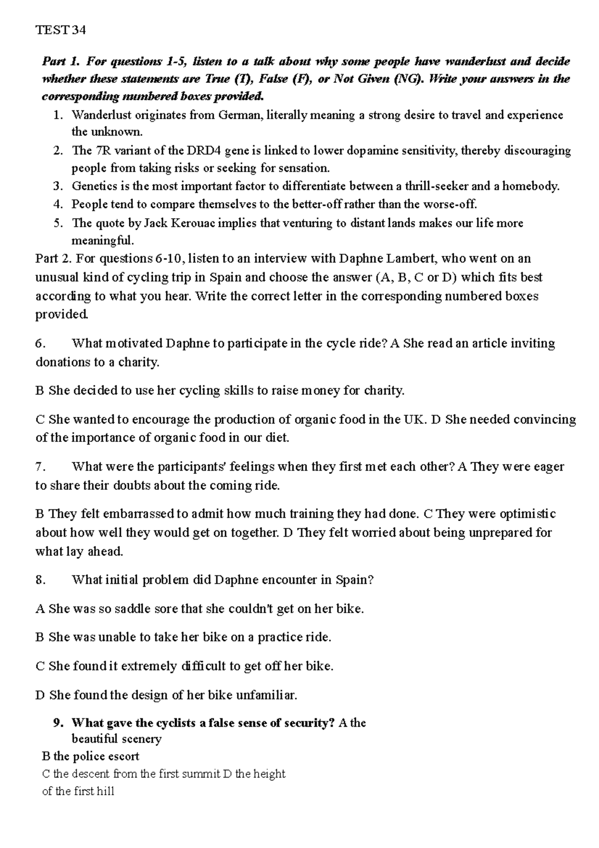 TEST-34-Copy - English - TEST 34 Part 1. For questions 1-5, listen to a ...