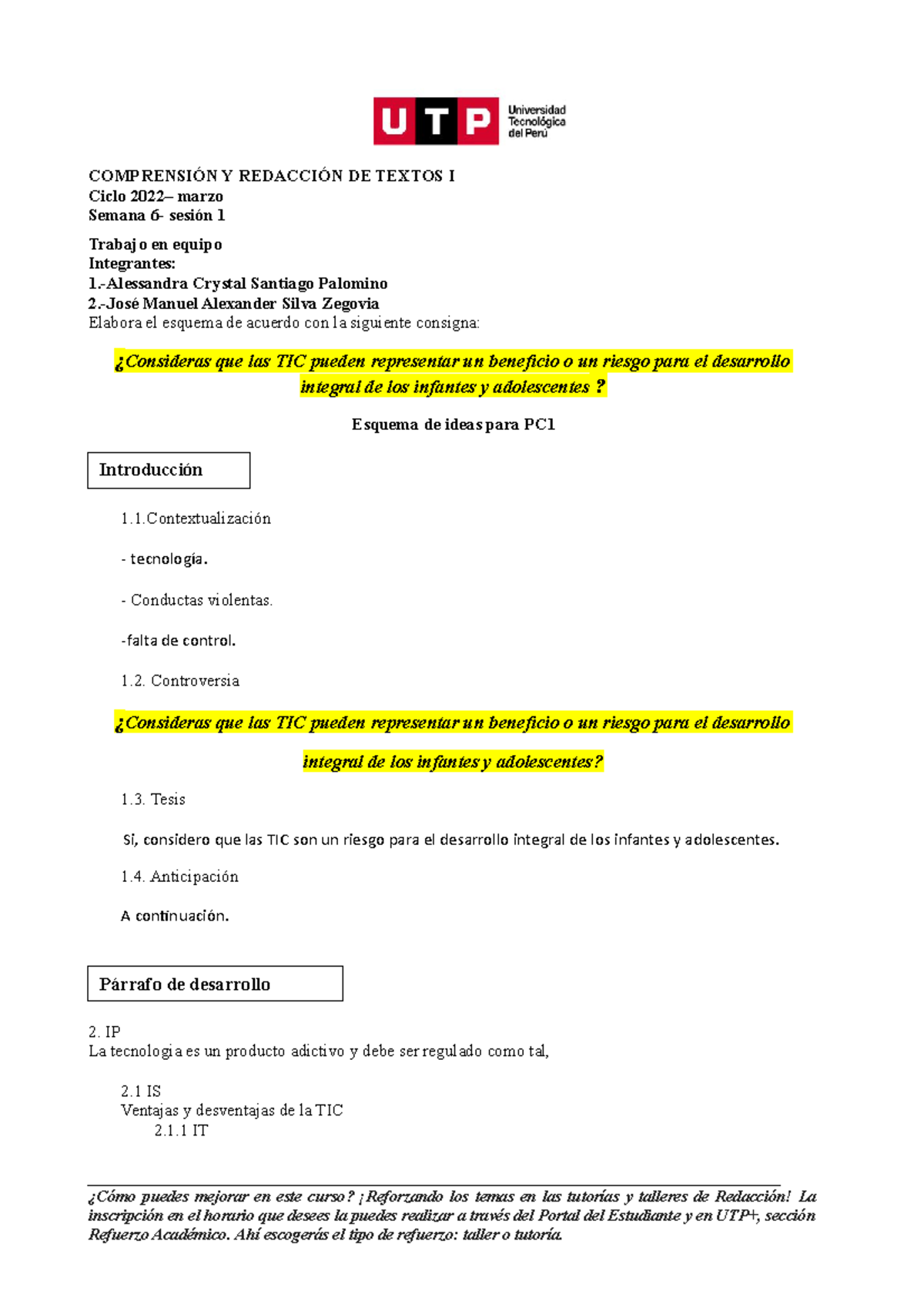 S06.s1-Esquema para PC1 (material) 2022 marzo - COMPRENSIÓN Y REDACCIÓN DE TEXTOS I Ciclo 2022 ...