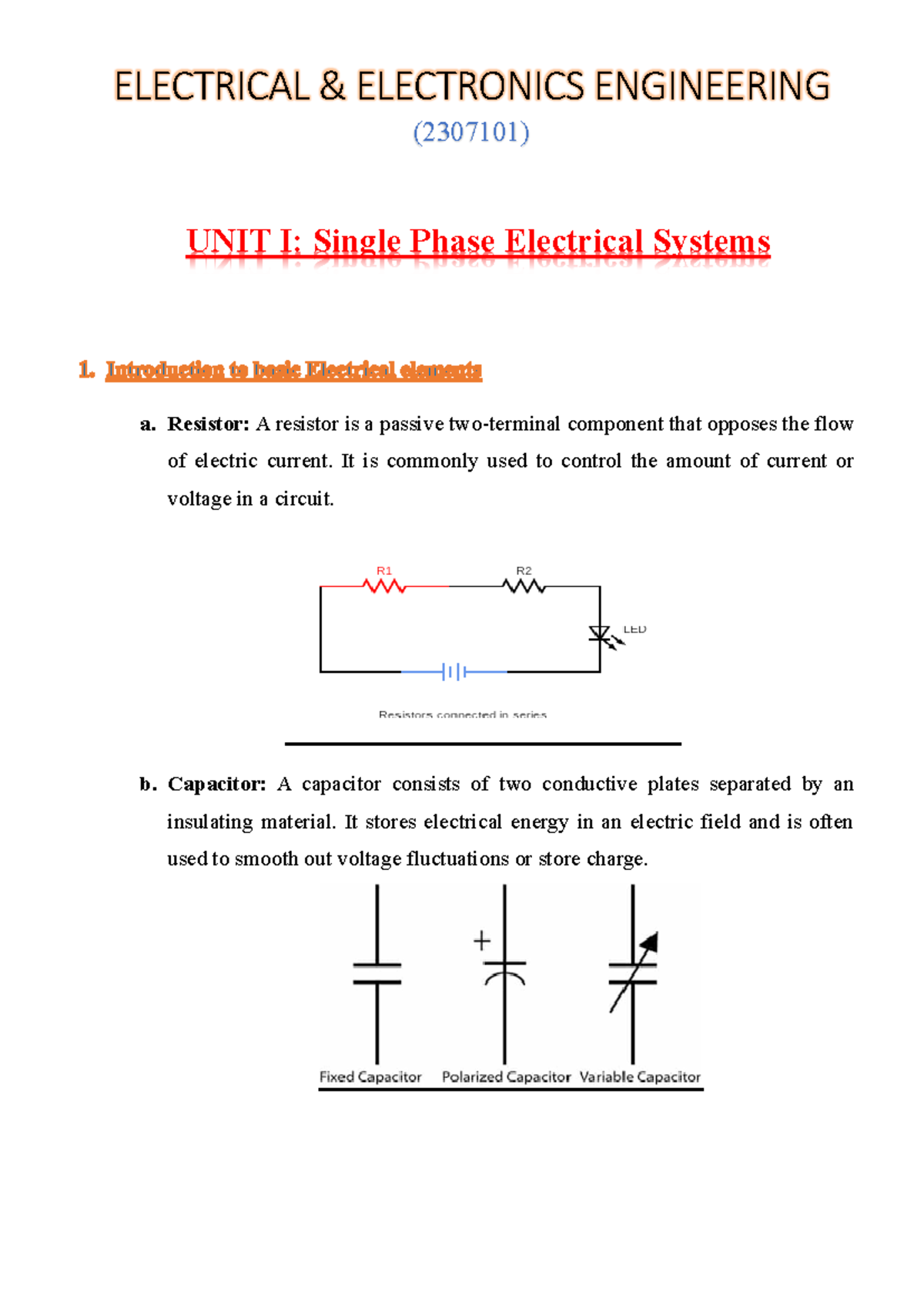 UNIT I Notes - ELECTRICAL & ELECTRONICS ENGINEERING ( 2307101 ) UNIT I ...