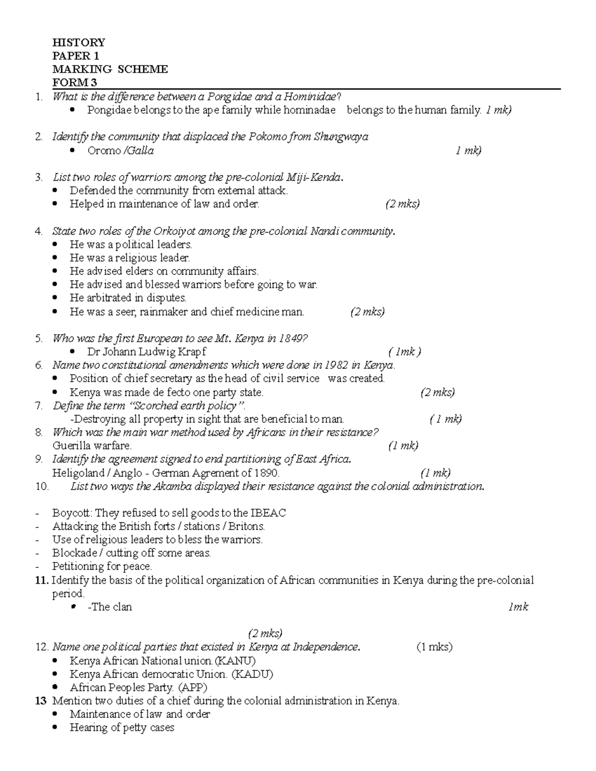 HIS F3 PP1 MS - Law - HISTORY PAPER 1 MARKING SCHEME FORM 3 What is the ...