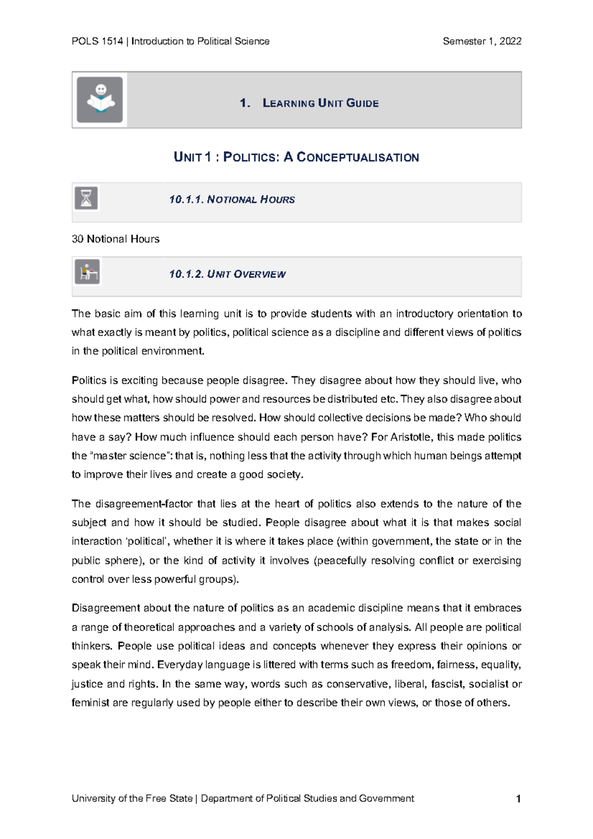 2022 POLS 1514 Learning Unit 1 Guide - 1. LEARNING UNIT GUIDE UNIT 1 ...
