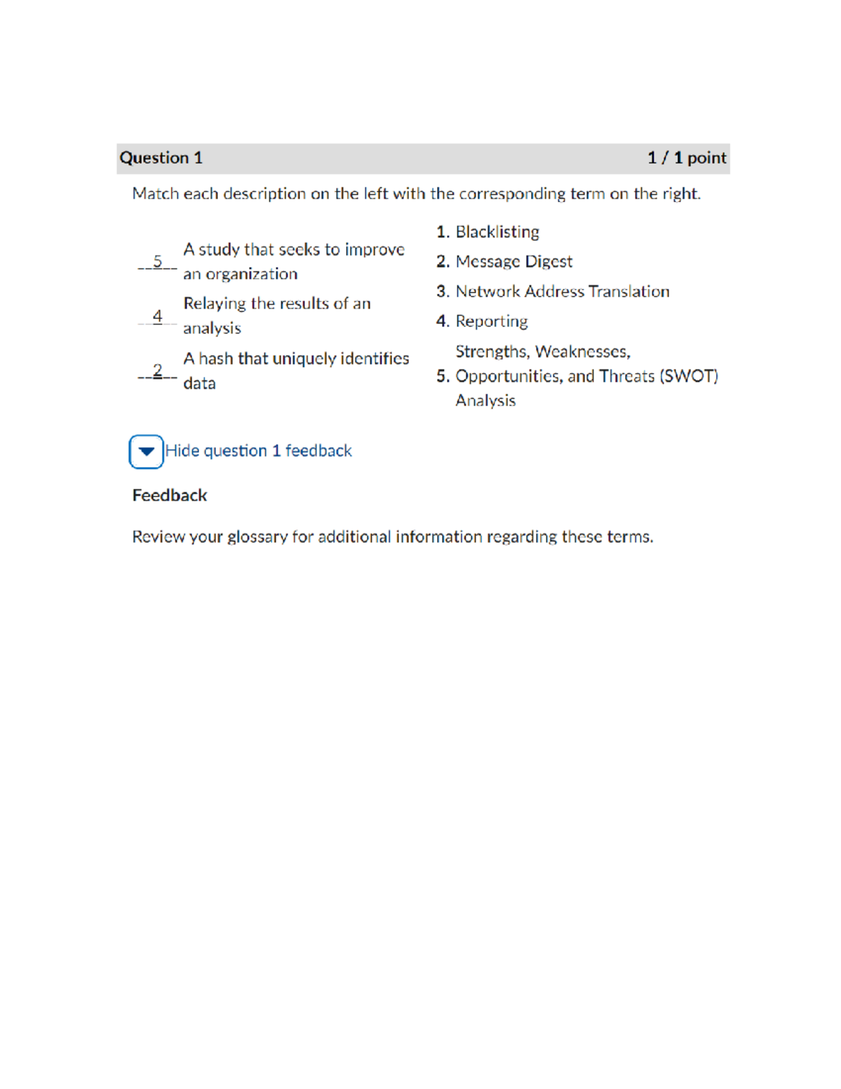 CYB 320 4-0 Knowledge Check - Question 1 1 point Match each description on the left with the ...
