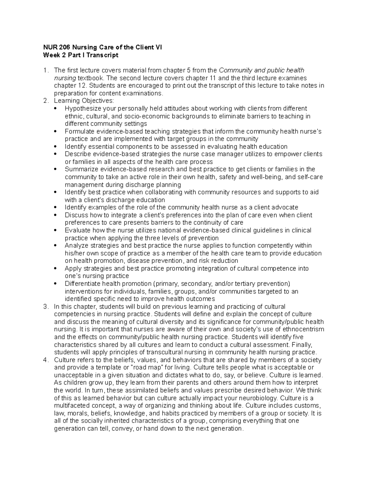 NUR 206 Nursing Care of the Client VI Week 2 Part I Transcript - The ...