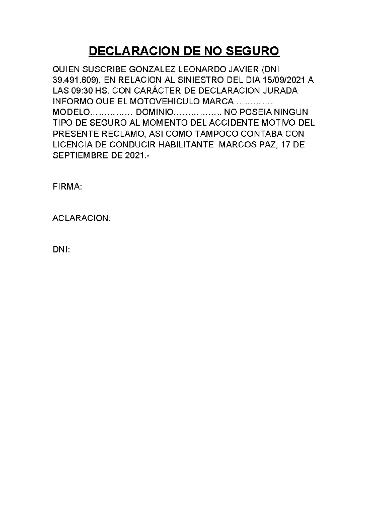 Declaracion DE NO Seguro - DECLARACION DE NO SEGURO QUIEN SUSCRIBE ...