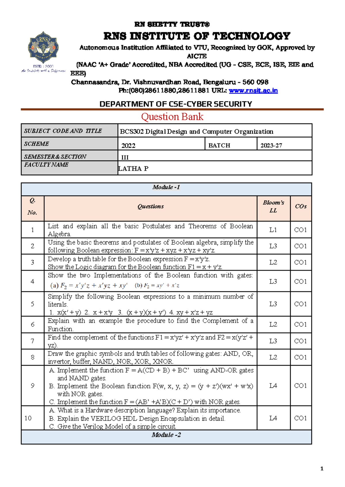 DDCO Question Bank - Hand written - RN SHETTY TRUST® RNS INSTITUTE OF ...