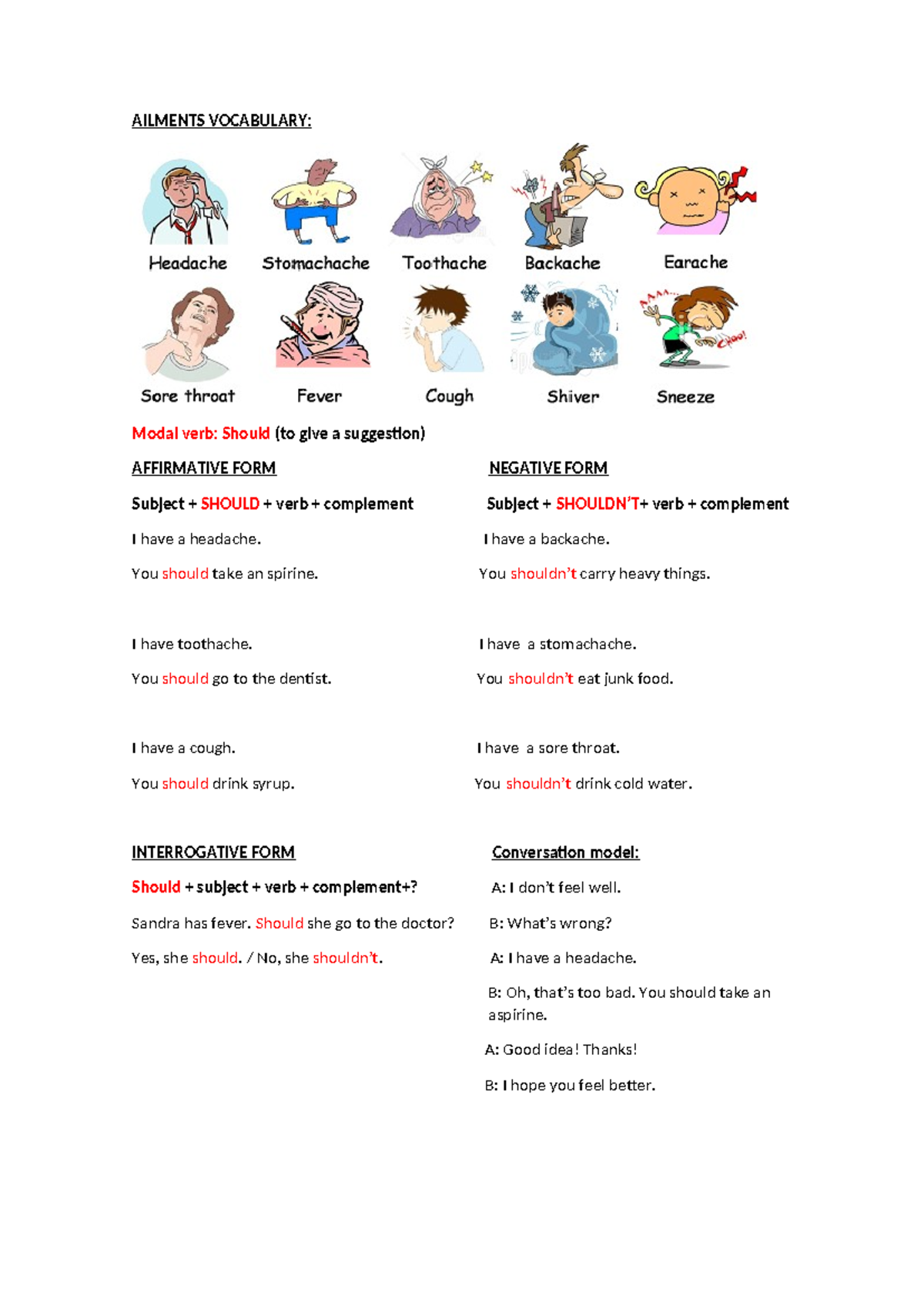 Class should - AILMENTS VOCABULARY: Modal verb: Should (to give a ...