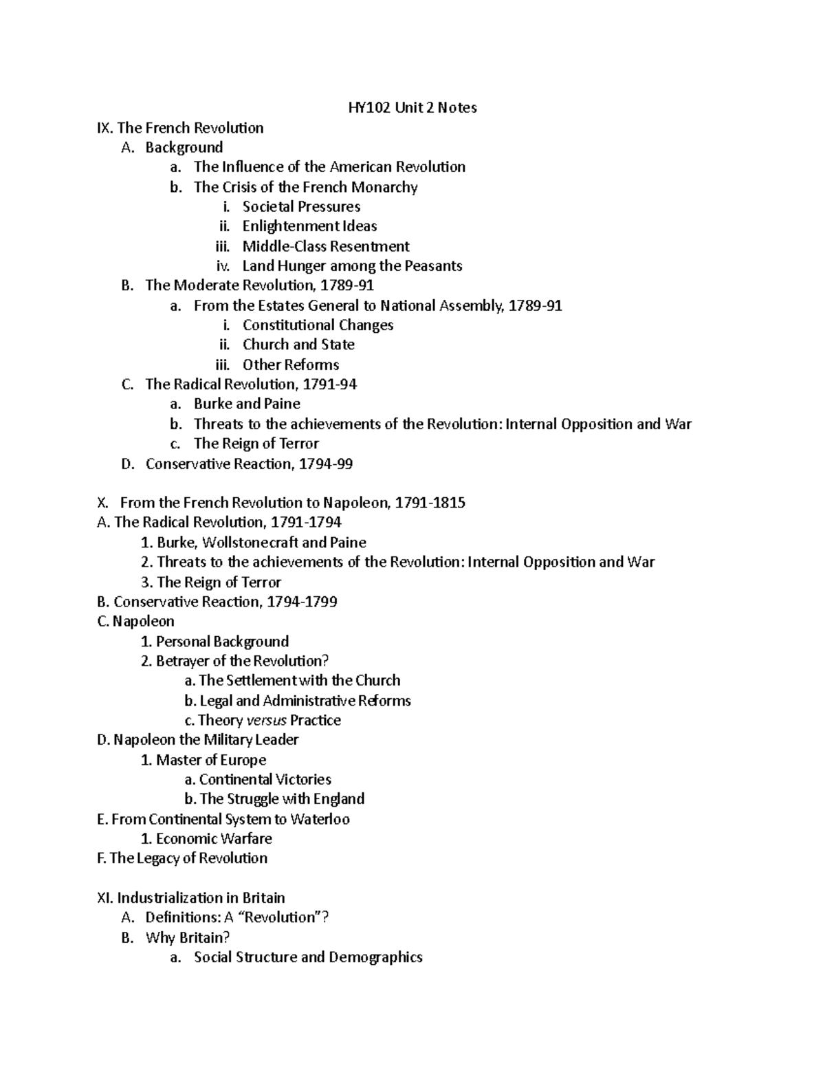 HY102 Unit 2 Notes - HY102 Unit 2 Notes IX. The French Revolution A ...