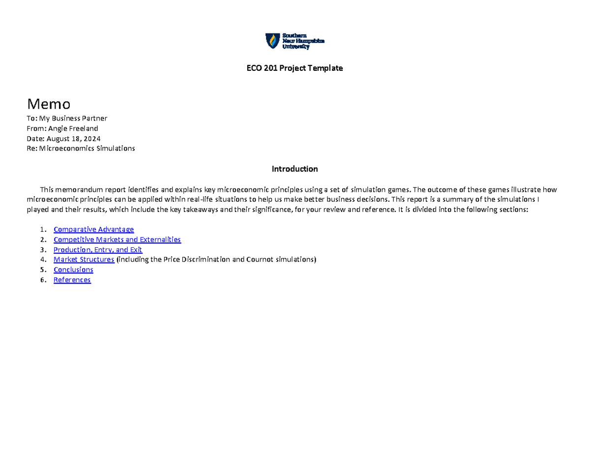 ECO 201 Project Template - ECO 201 Project Template Memo To: My ...