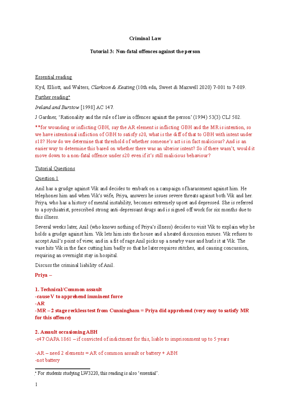 Tutorial 3 - Criminal Law Tutorial 3: Non-fatal offences against the ...