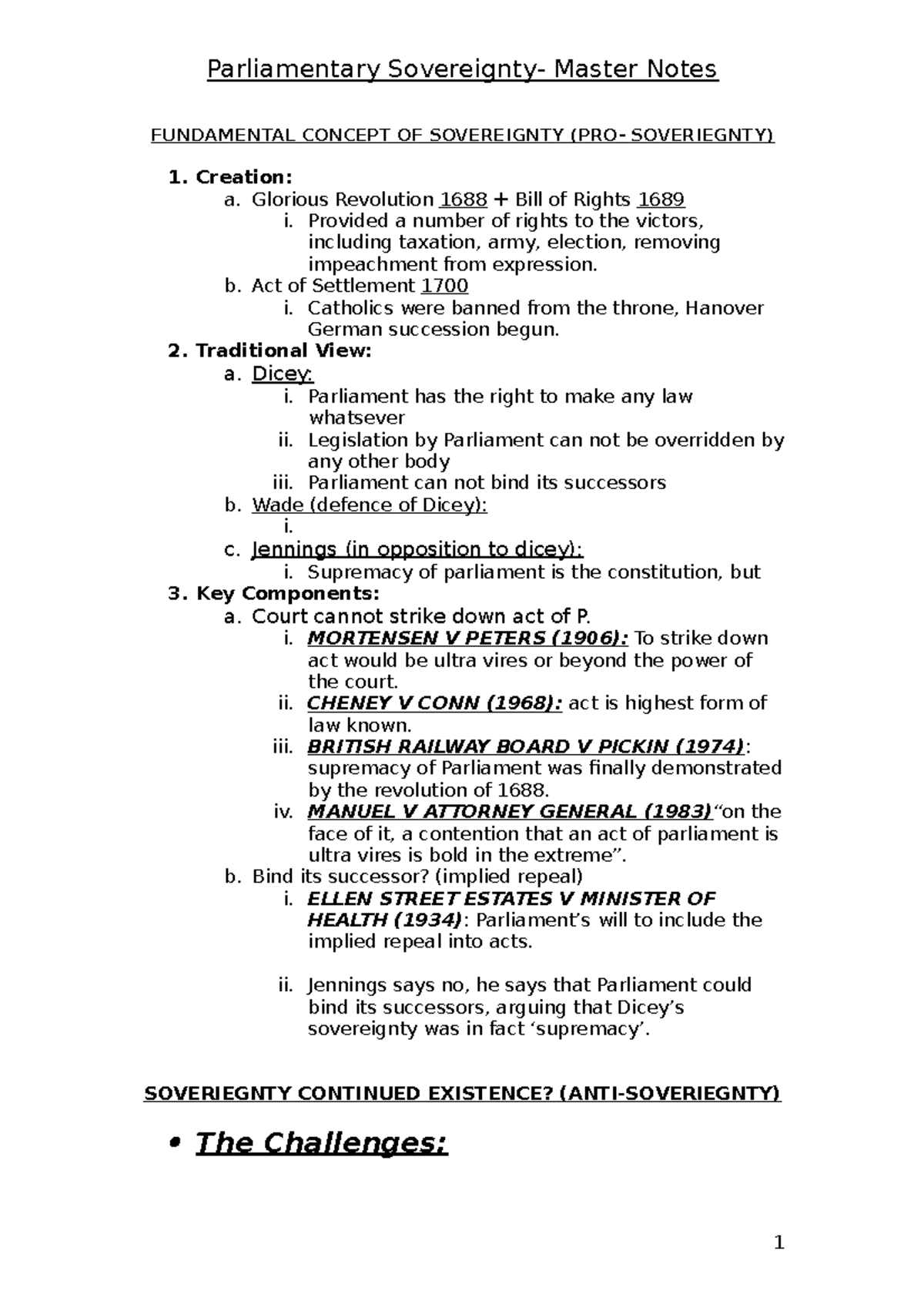 Master Notes PS - Parliamentary Sovereignty - Parliamentary Master ...