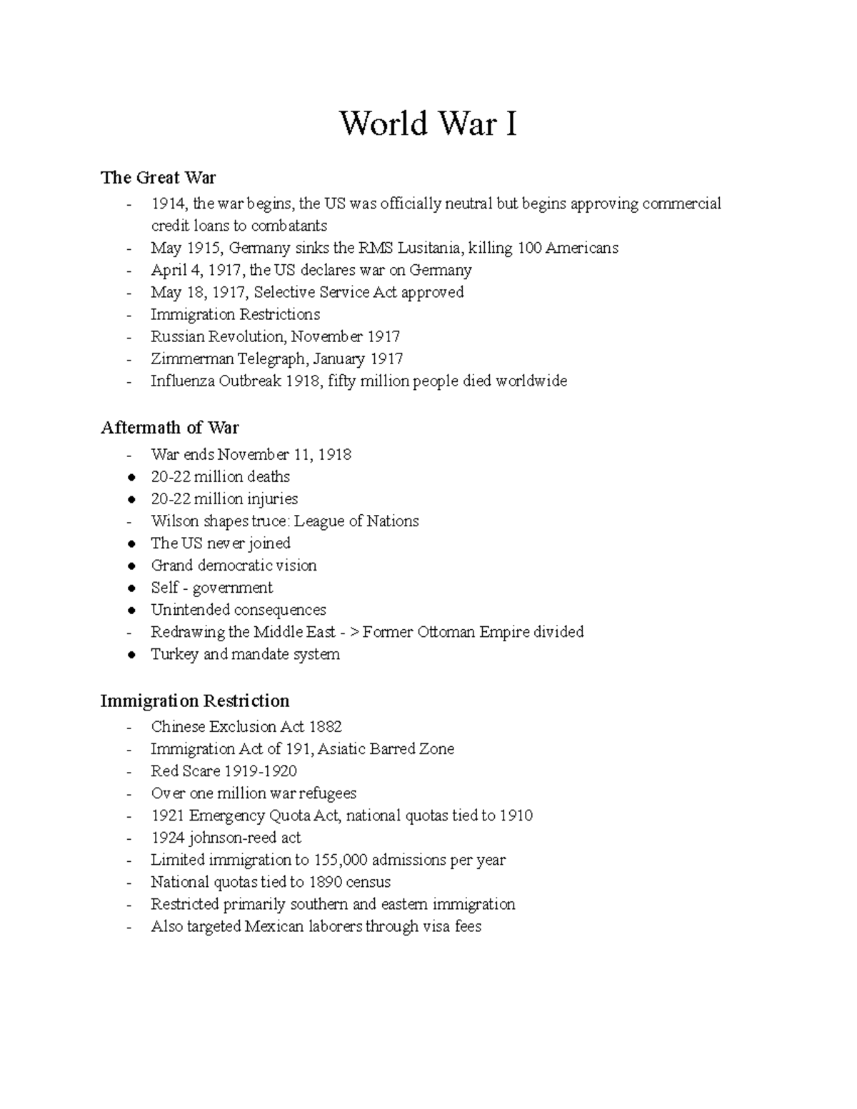 Class Notes - HIST 2620 - The Great War 1914, the war begins, the US ...