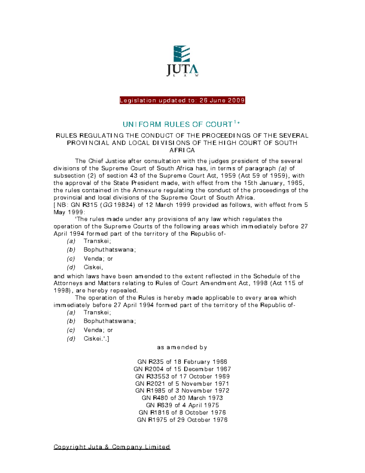 Uniform Rules Court 26jun2009 Legislation Updated To 26 June 2009