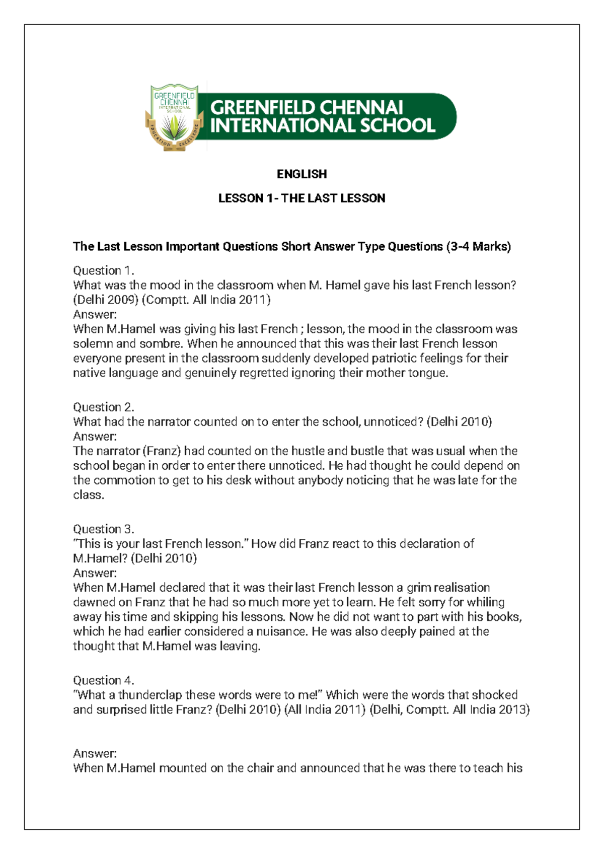 Ls1 The Last Lesson question - ENGLISH LESSON 1- THE LAST LESSON The ...