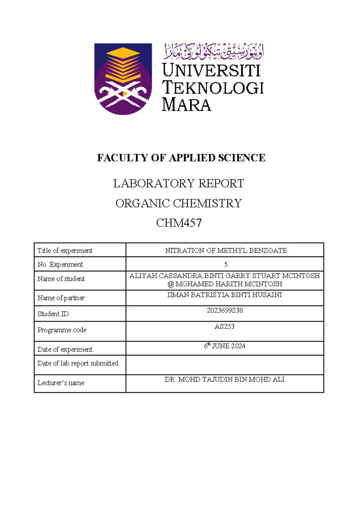 Lab report exp 5 chm 457 - FACULTY OF APPLIED SCIENCE LABORATORY REPORT ...