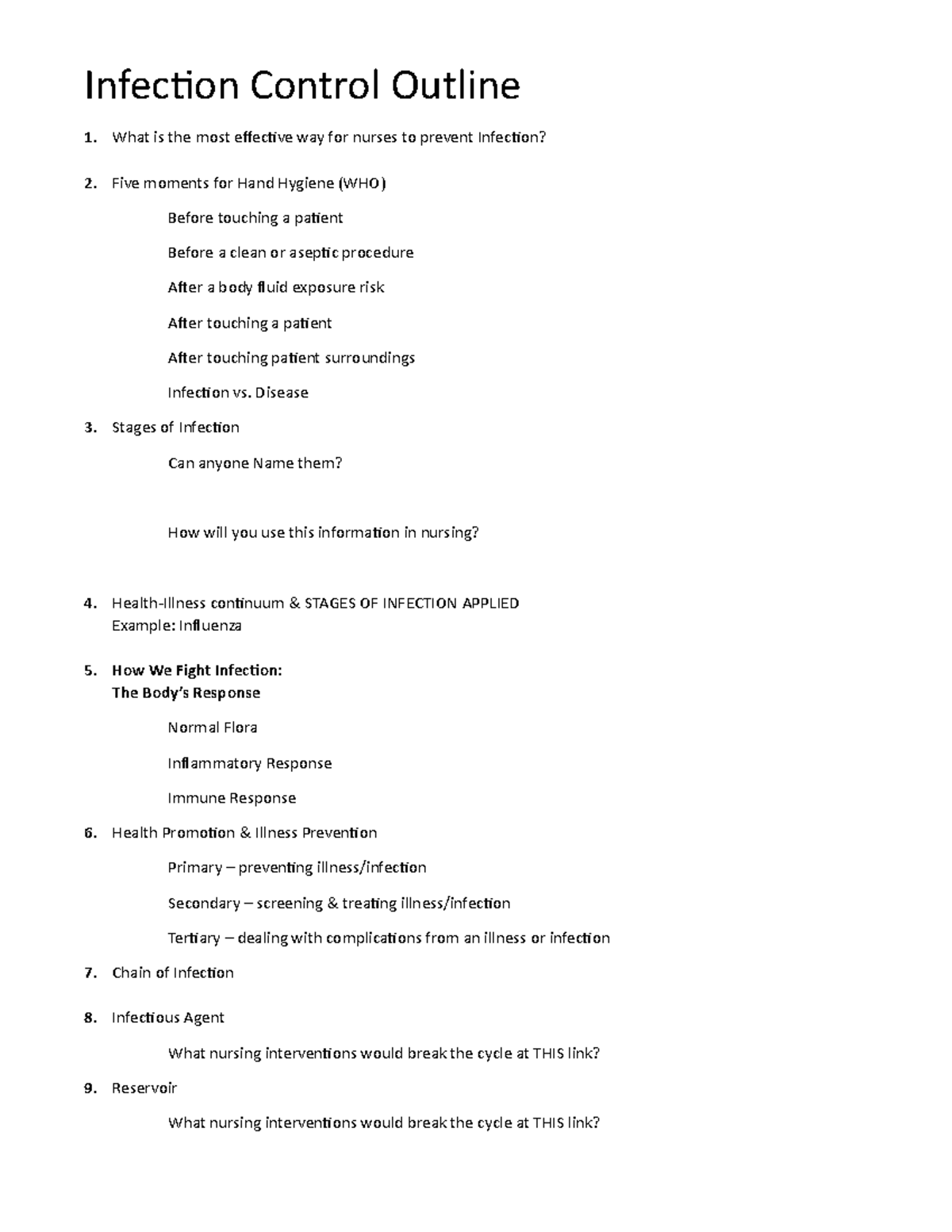 Hygiene & Infection Control Lecture Outline - Infection Control Outline ...