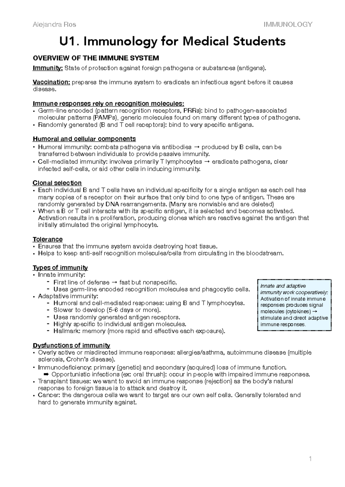 1 - Immunology Introduction-2 - Alejandra Ros IMMUNOLOGY U1. Immunology for Medical Students ...