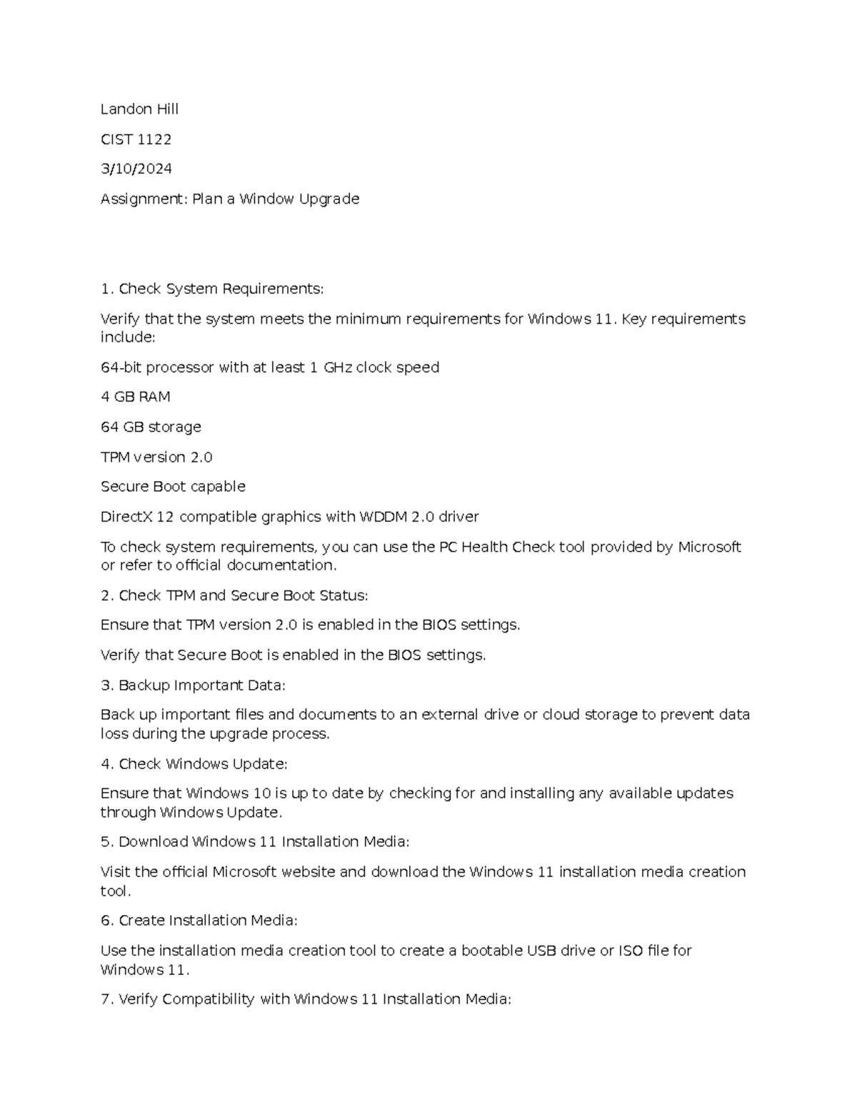 Operating System Upgrade Assignment - Landon Hill CIST 1122 3/10/ Assignment: Plan a Window ...