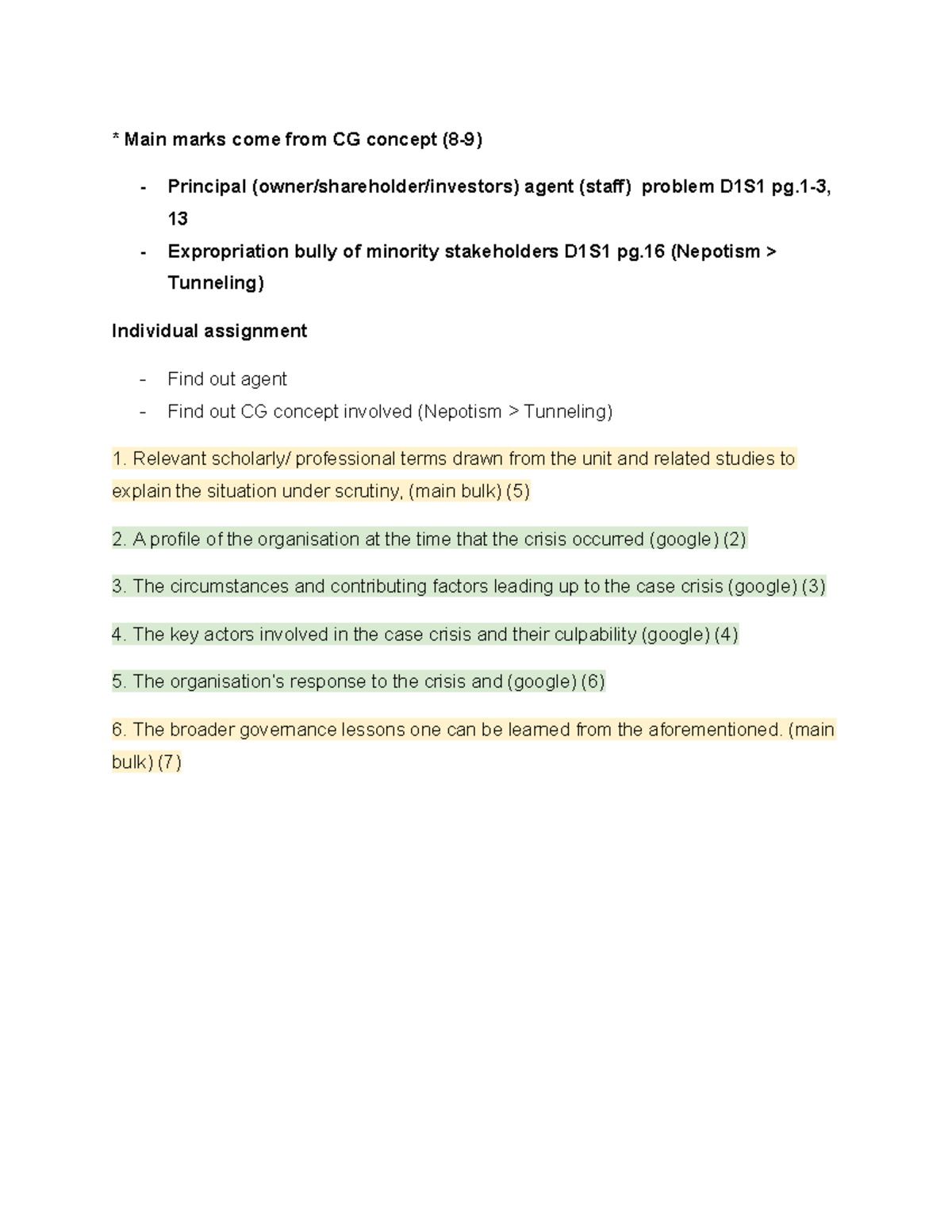 Notes - Main marks come from CG concept (8-9) Principal (owner ...