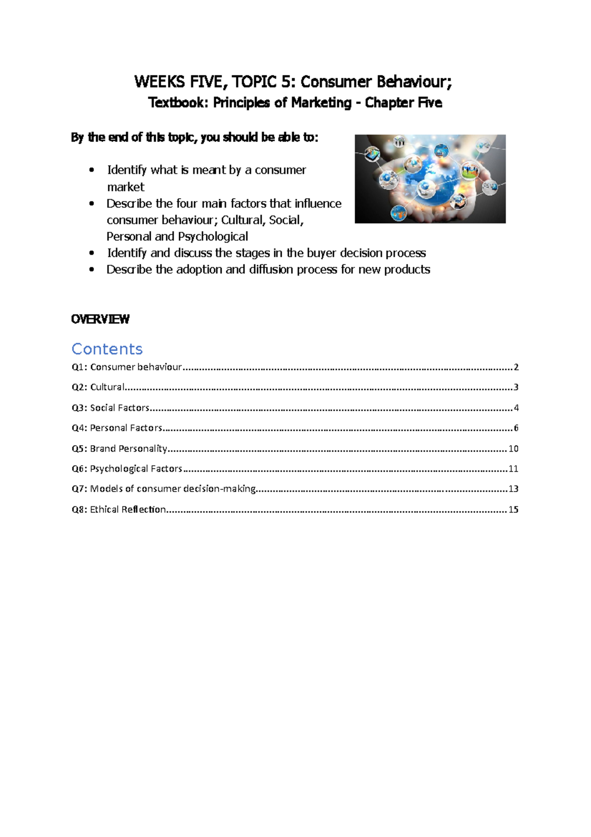 Weeks FIVE Tutorial Questions-2 (1) - WEEKS FIVE, TOPIC 5 : Consumer Behaviour; Textbook ...
