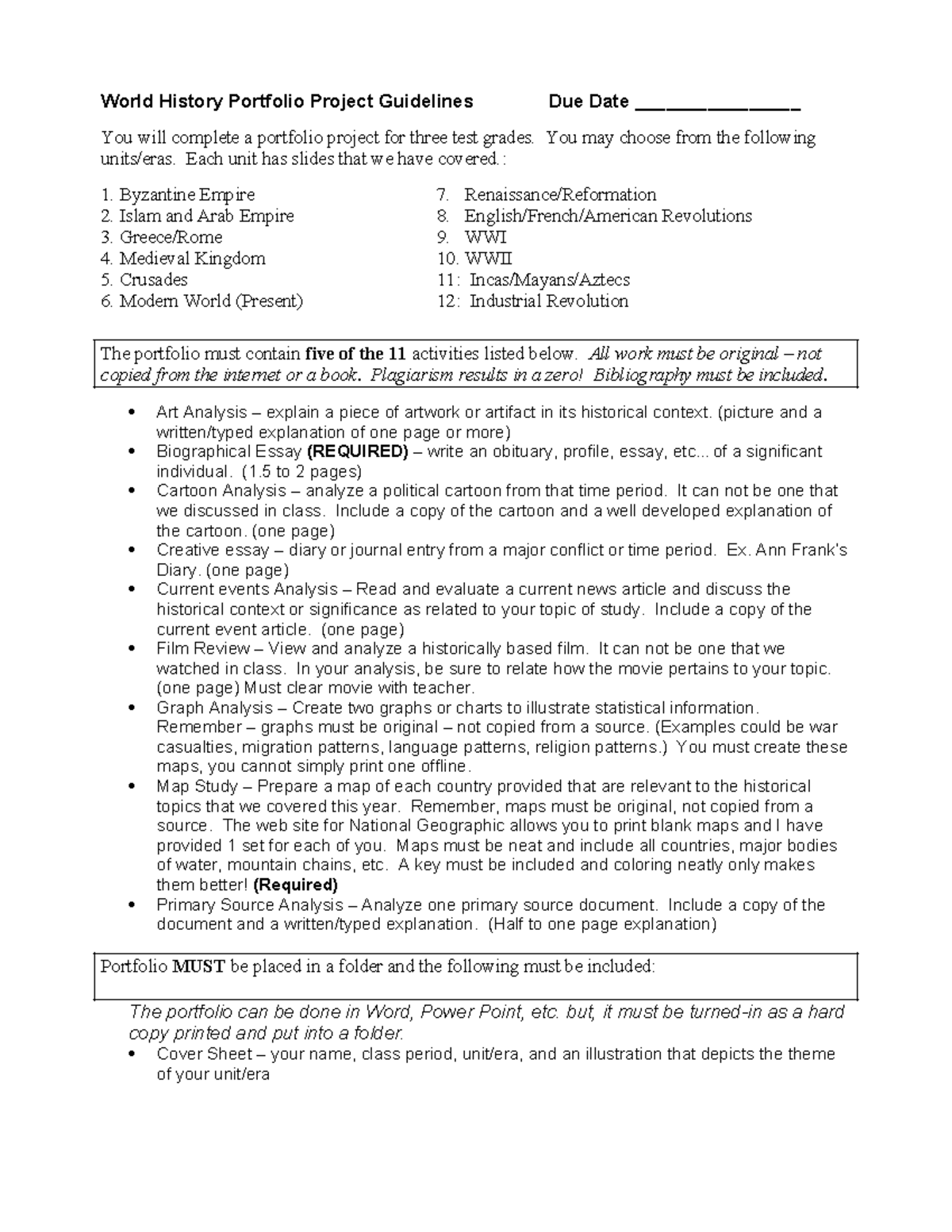 World History Portfolio Project Guidelines - You may choose from the ...