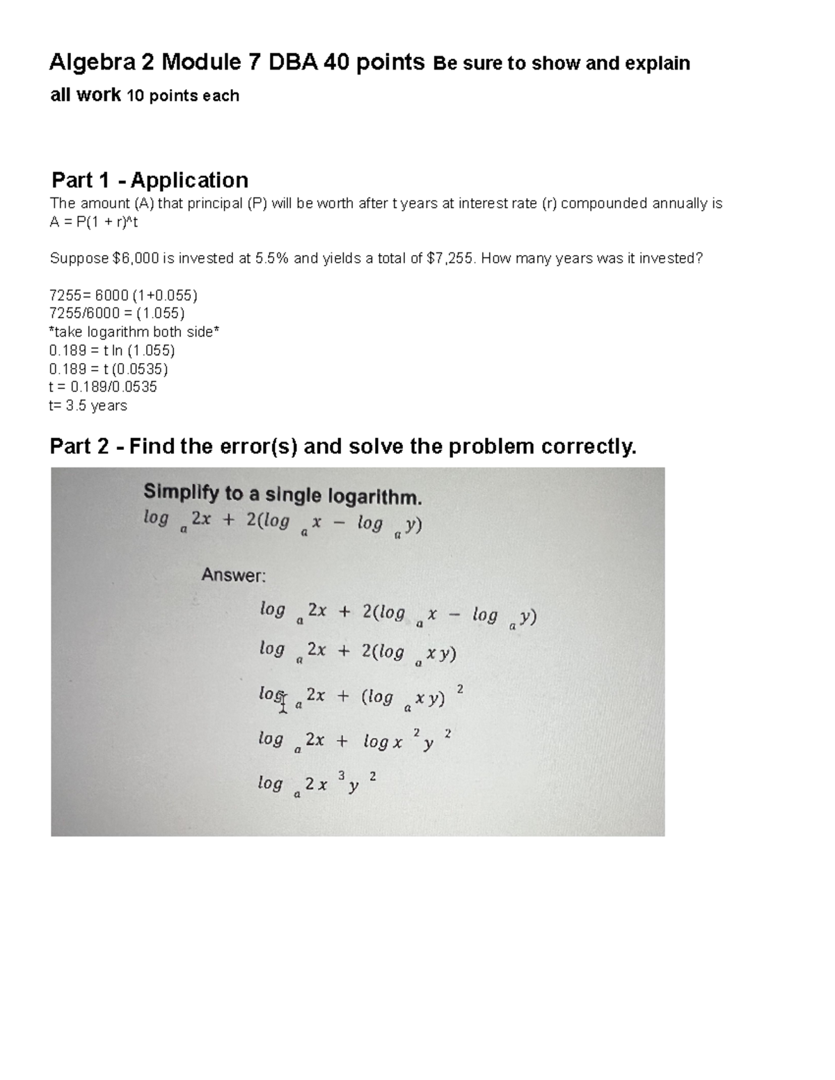 Algebra 2 OL Module 7 DBA Algebra 2 Module 7 DBA 40 Points Be Sure To