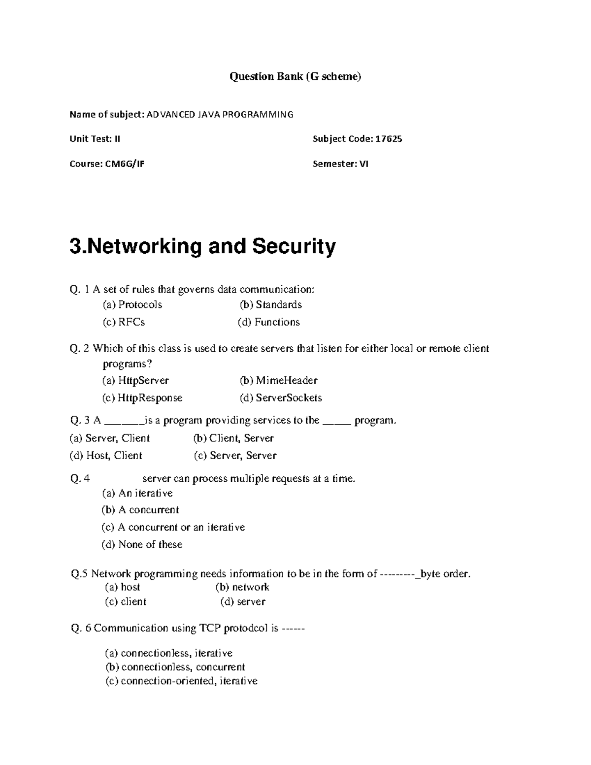 VI Cm Advanced JAVA Programming 2 - Question Bank (G scheme) Name of subject: ADVANCED JAVA ...