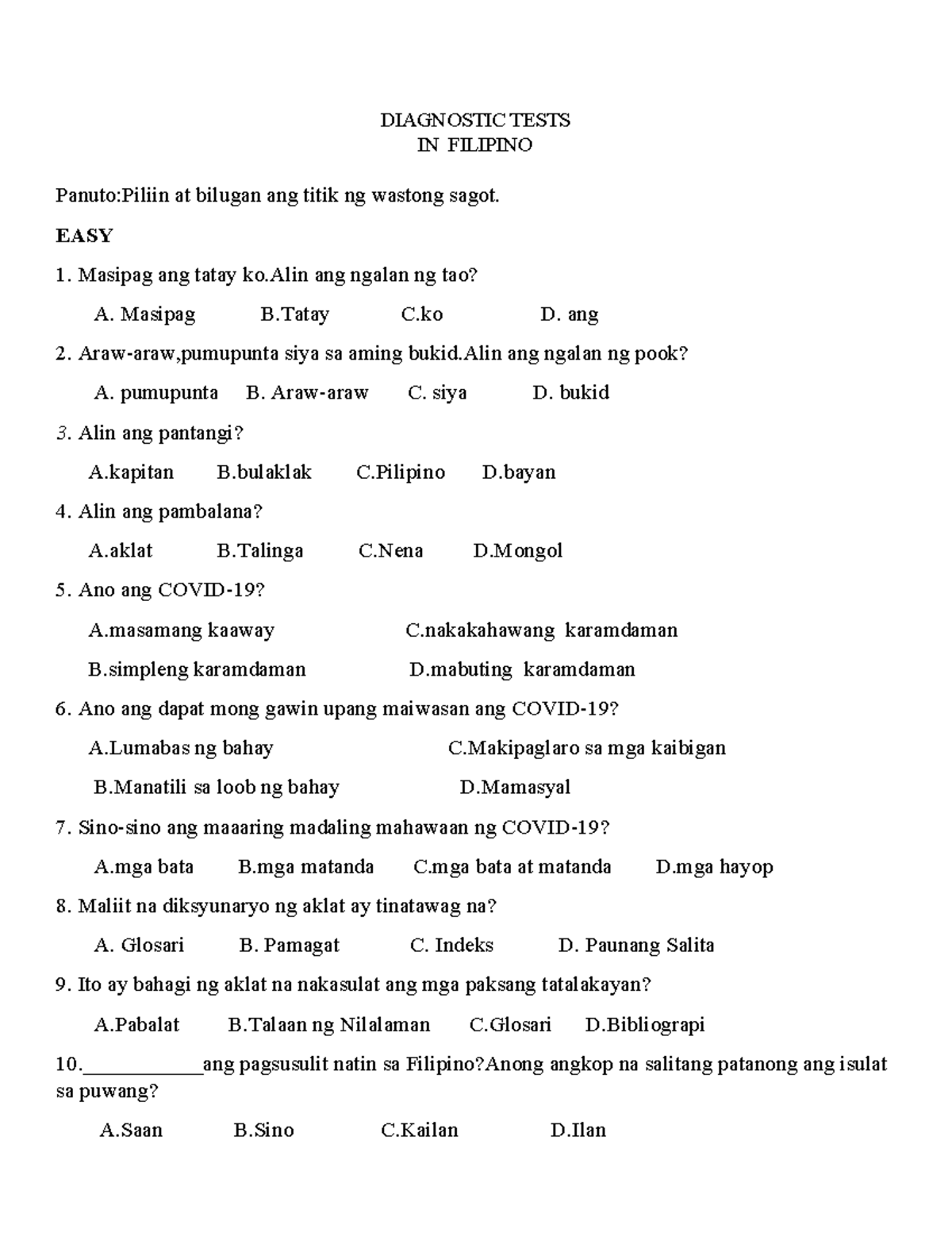 Diagnostic tests in Filipino Grade IIII - DIAGNOSTIC TESTS IN FILIPINO ...