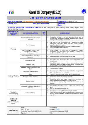 72720739 Jsa Grinding Welding Gas Cutting - Prepared by: Reviewed by ...