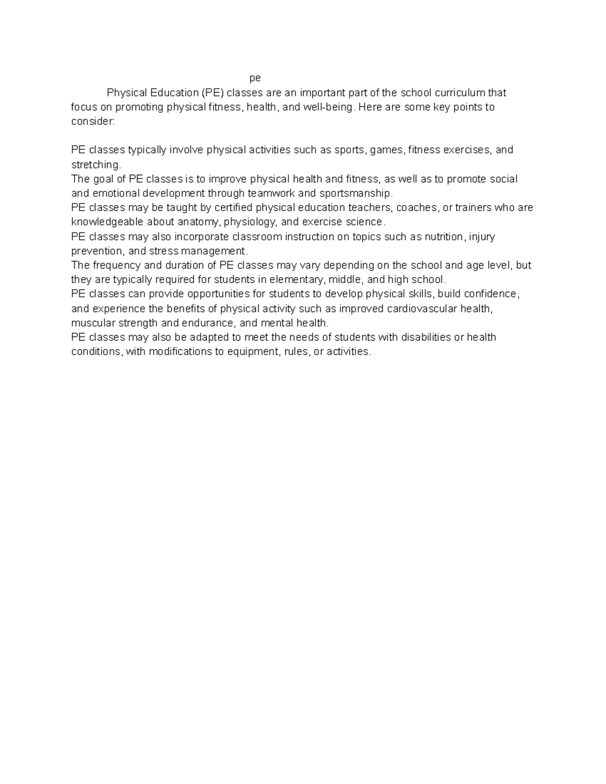Pe - pe notes - pe Physical Education (PE) classes are an important ...