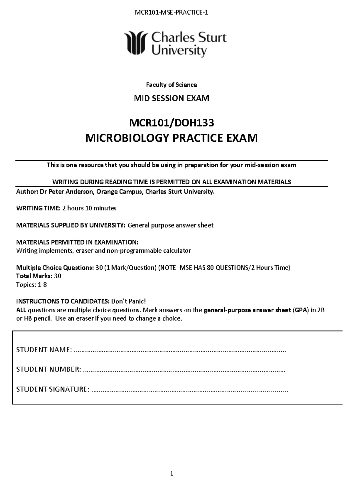 EXAM 2015, questions and answers - MCR101-MSE-PRACTICE-1 Faculty of Science MID SESSION EXAM ...