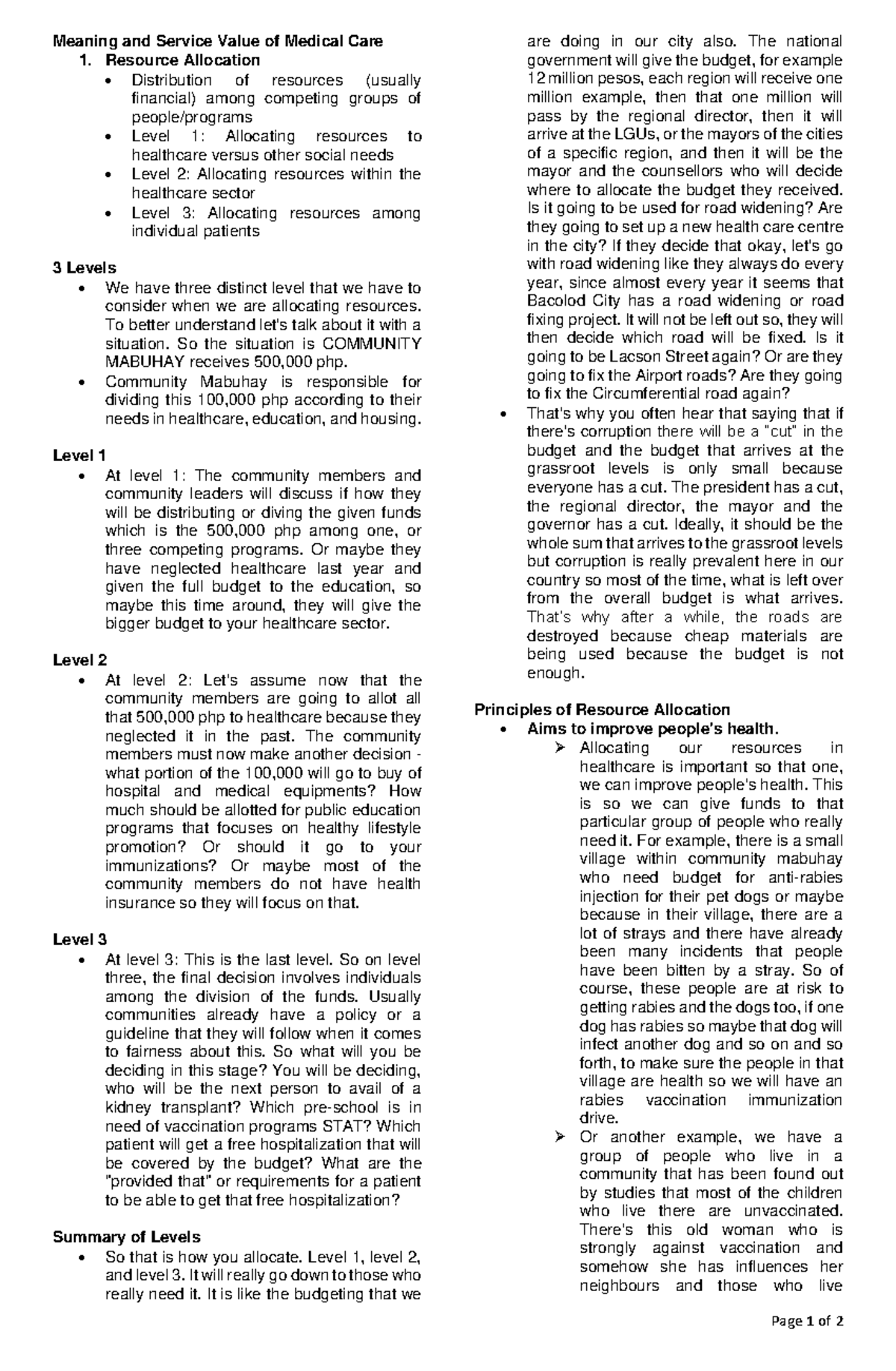 HCE Lesson 8- Resource Allocation - Page 1 of 2 Meaning and Service ...