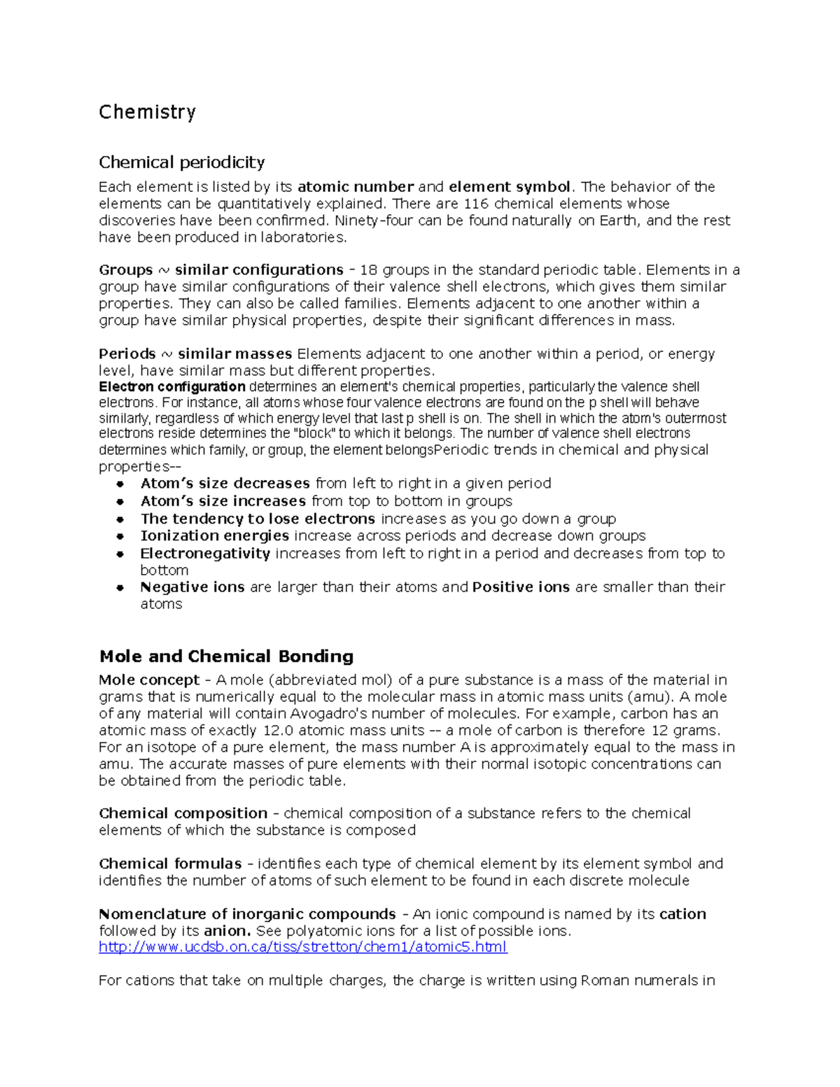 Chemistry - notes - Chemistry Chemical periodicity Each element is ...