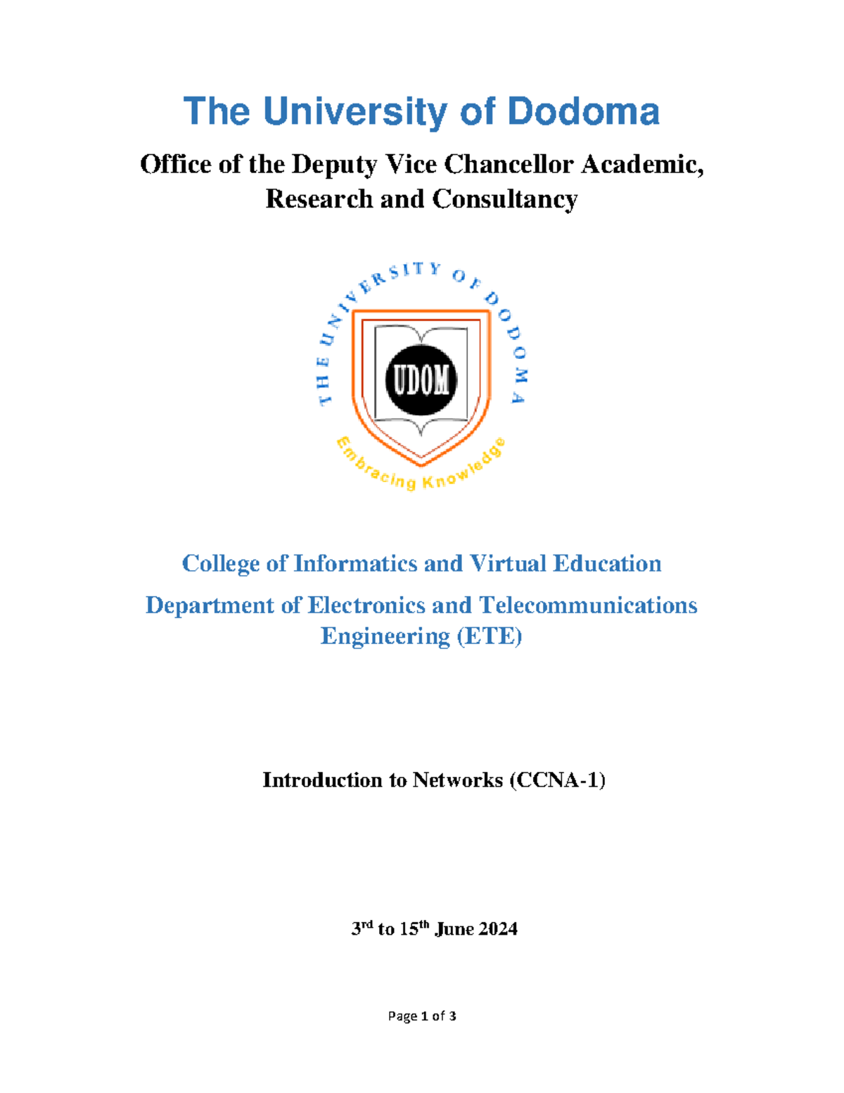 Network UDOM - Page 1 of 3 The University of Dodoma Office of the ...