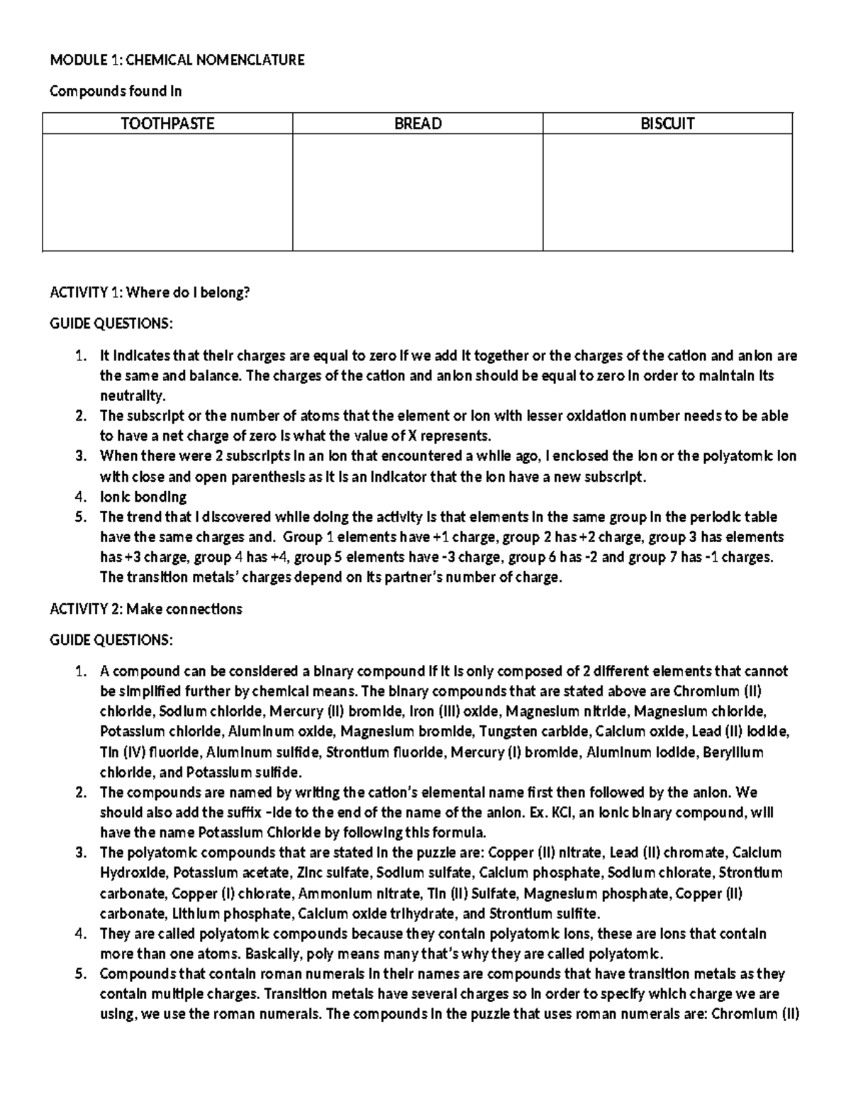 Adchem guide questions - MODULE 1: CHEMICAL NOMENCLATURE Compounds ...