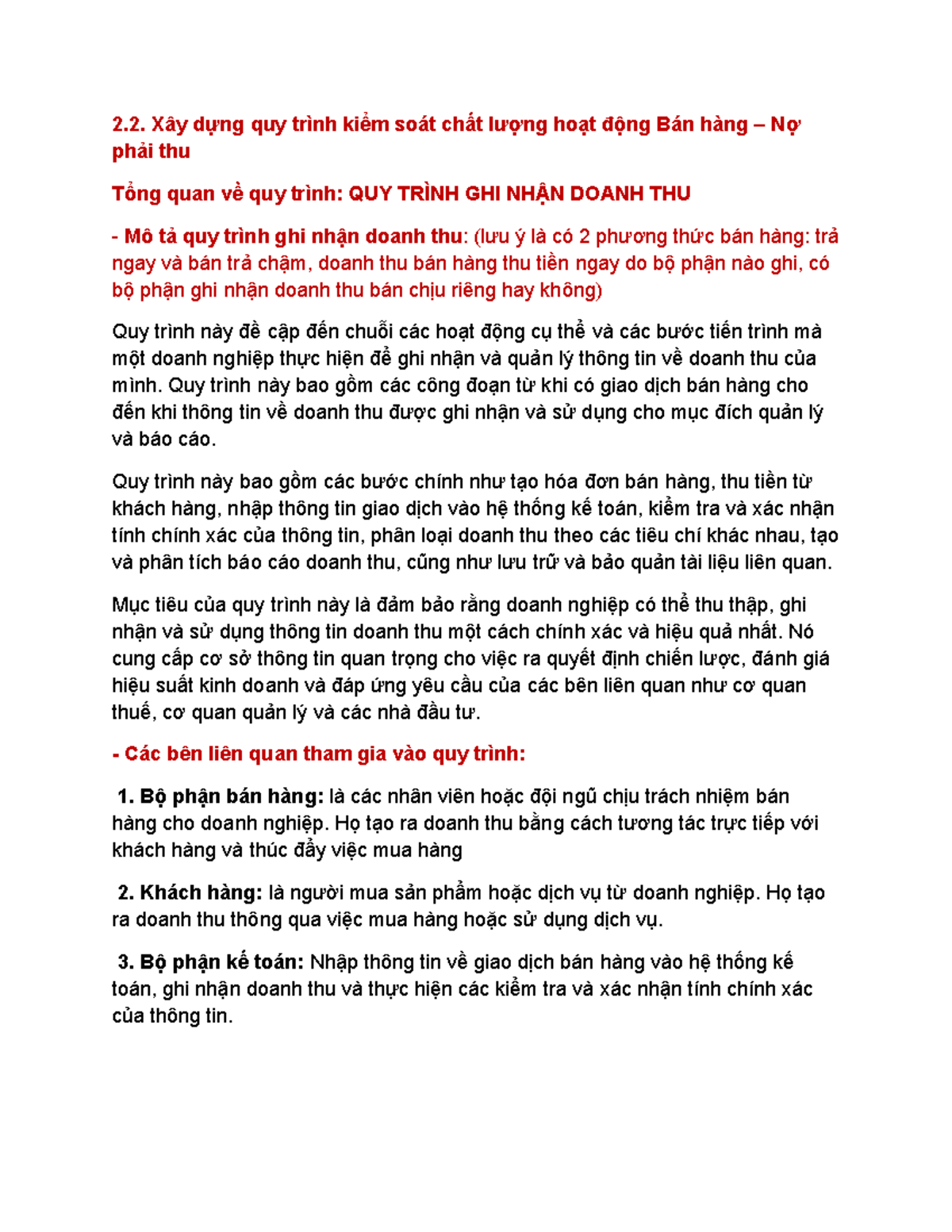 Quy trình ghi nhận DT 1 - Mjb - Xây dựng quy trình kiểm soát chất lượng hoạt động Bán hàng – Nợ ...