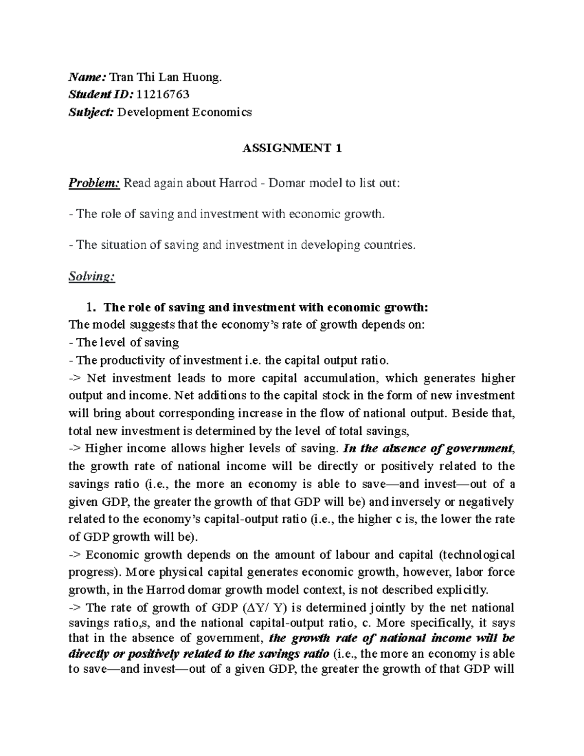 Assignment 1- DE 022 - Name: Tran Thi Lan Huong. Student ID: 11216763 Subject: Development ...