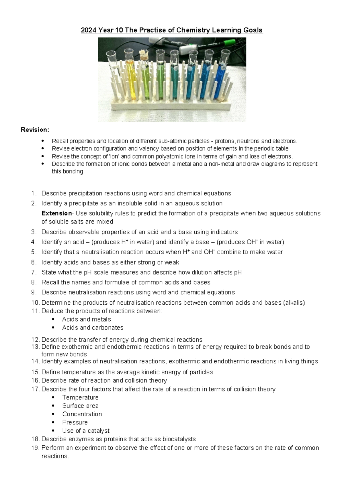 2024 Year 10 The Practise of Chemistry Learning Goals - 2024 Year 10 ...