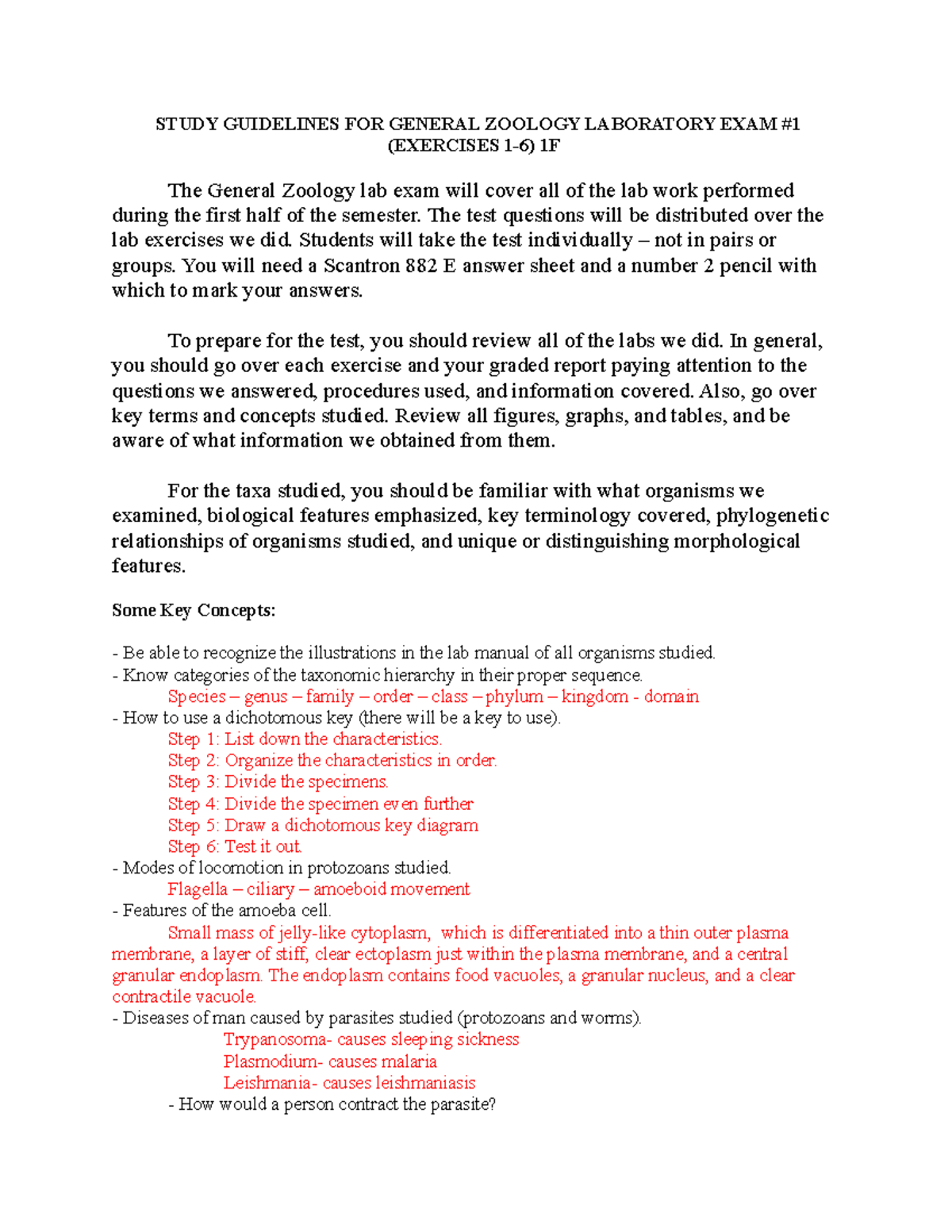 Gen Zool 2701Lab Exam #1 Study Guide (6 labs) 1F - STUDY GUIDELINES FOR ...