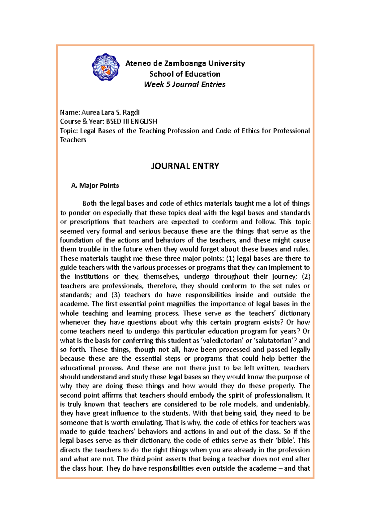 Legal Bases of the Teaching Profession and Code of Ethics for ...